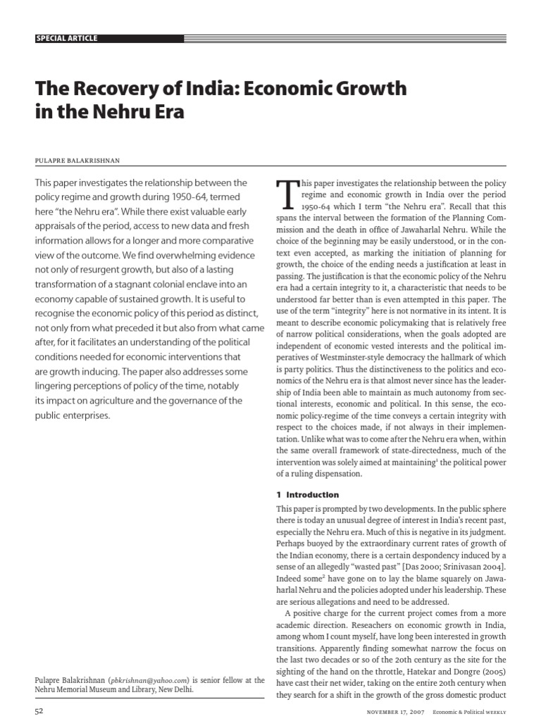 Economic Growth in the Nehru Era | PDF | Jawaharlal Nehru | Economics