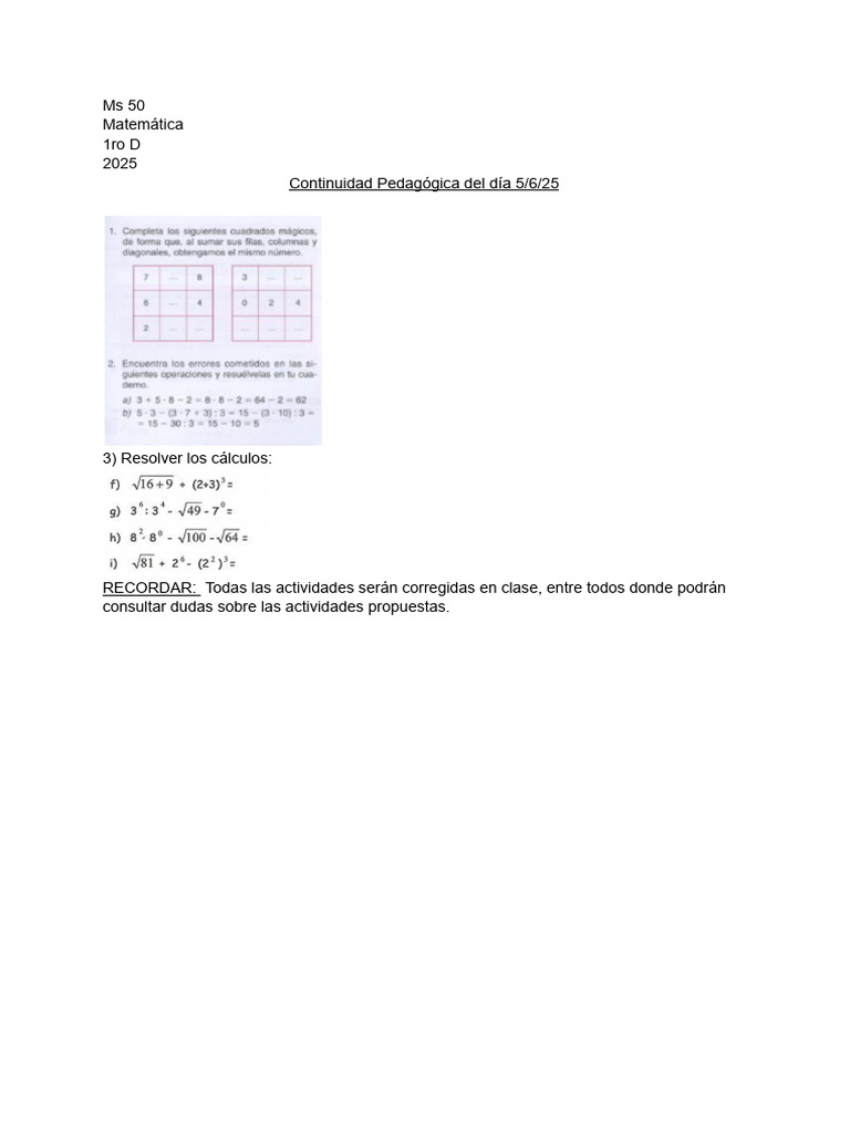 Actividades Matemáticas 1ro D 2025 | PDF