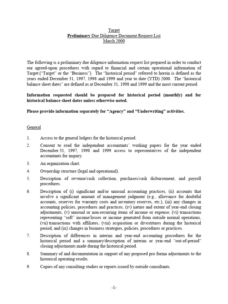 Exhibit 15 - Sample Due Diligence Lists | PDF | Balance Sheet | Insurance