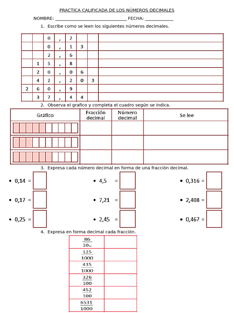 Practica Calificada de Los Números Decimales | PDF
