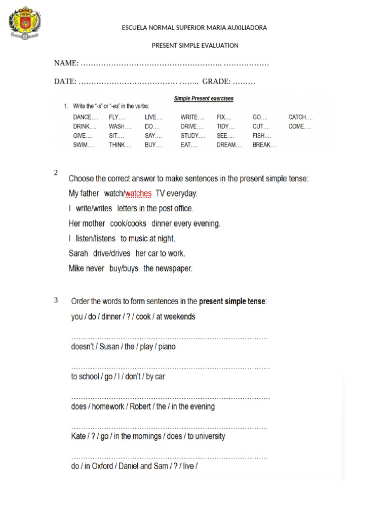 Evaluation Present Simple | PDF