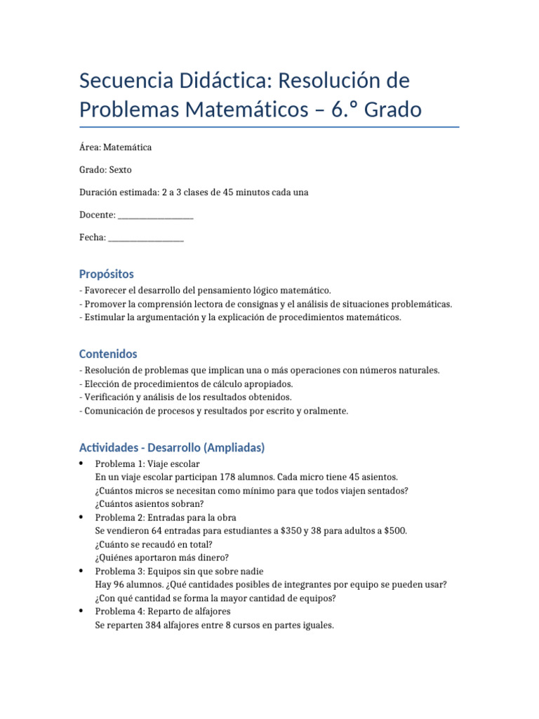 Secuencia Problemas Matematicos 6to | PDF
