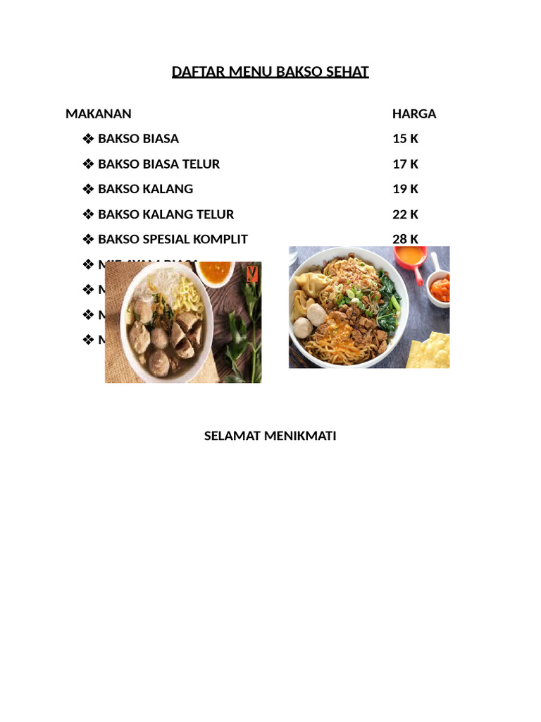 Menu Bakso Sehat dan Harga 2025 | PDF