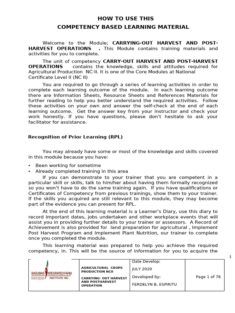 UC4 Core Carrying Out Harvest and Postharvest Operations WORD CBLM | PDF | Vegetables | Fruit