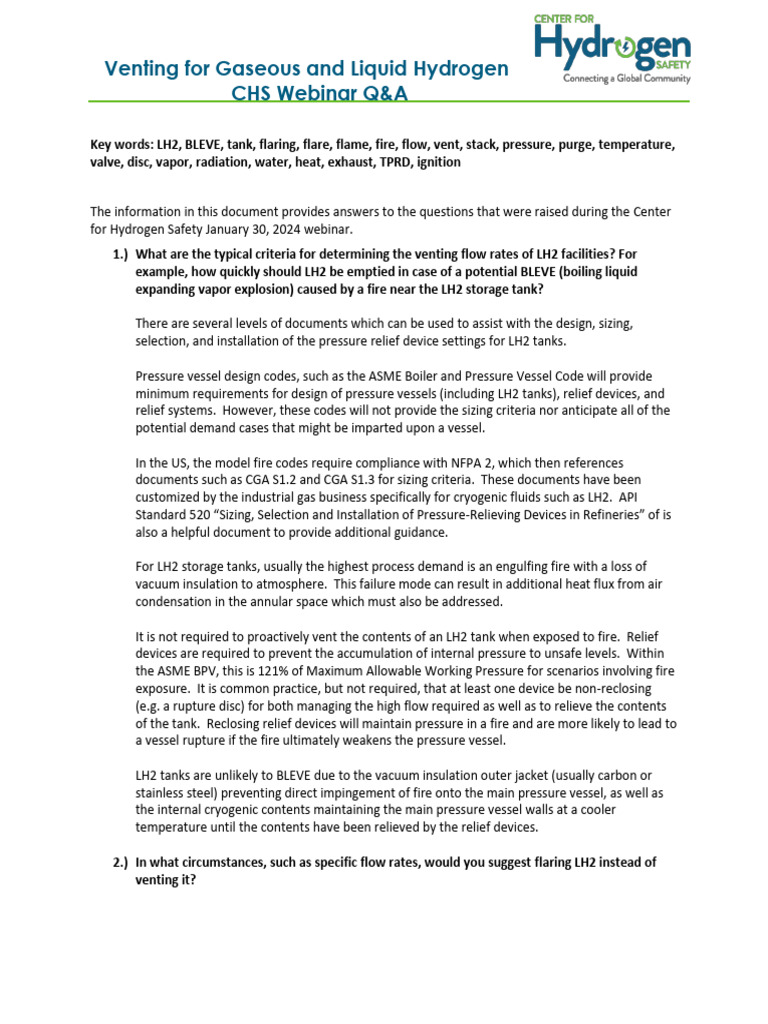 Venting For Gaseous and Liquid Hydrogen Webinar Q&As | PDF | Liquid ...