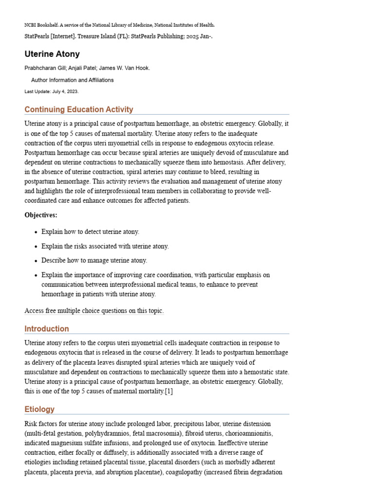 Uterine Atony - StatPearls - NCBI Bookshelf | PDF | Motherhood ...