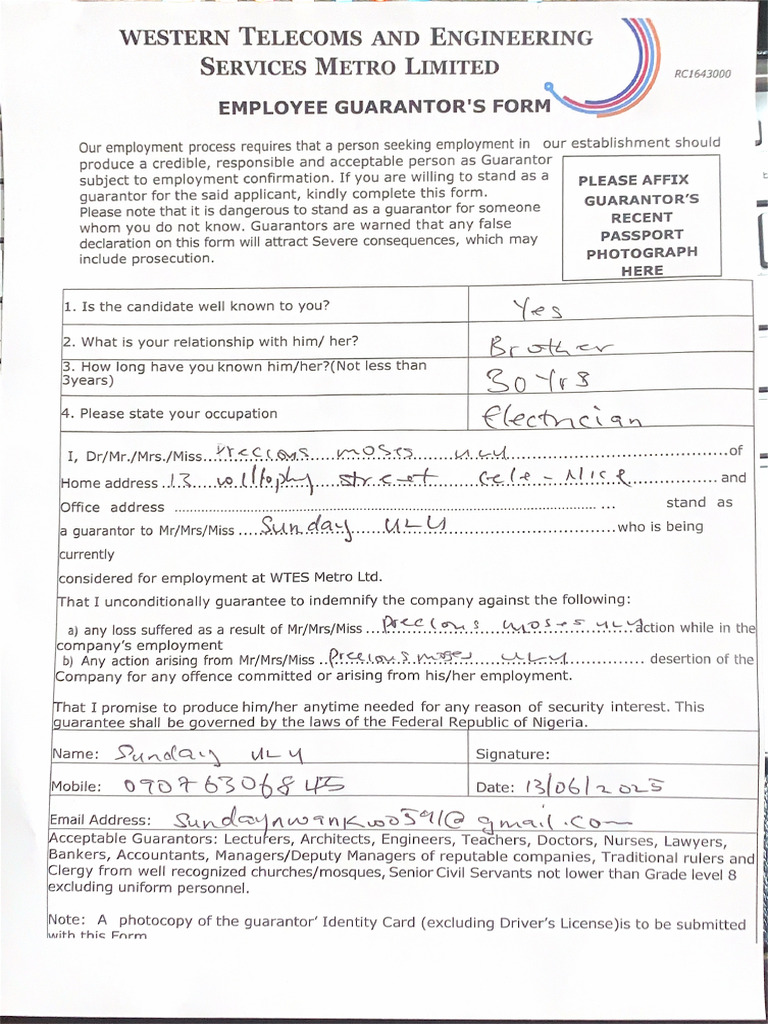 WTES METRO - Scanned Copy of Precious Moses Ulu's Guarantor | PDF