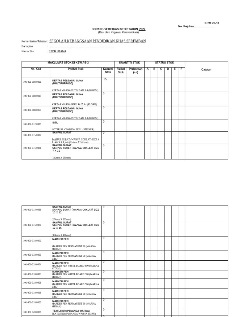 Borang Verifikasi Stok KEW.PS-10 | PDF