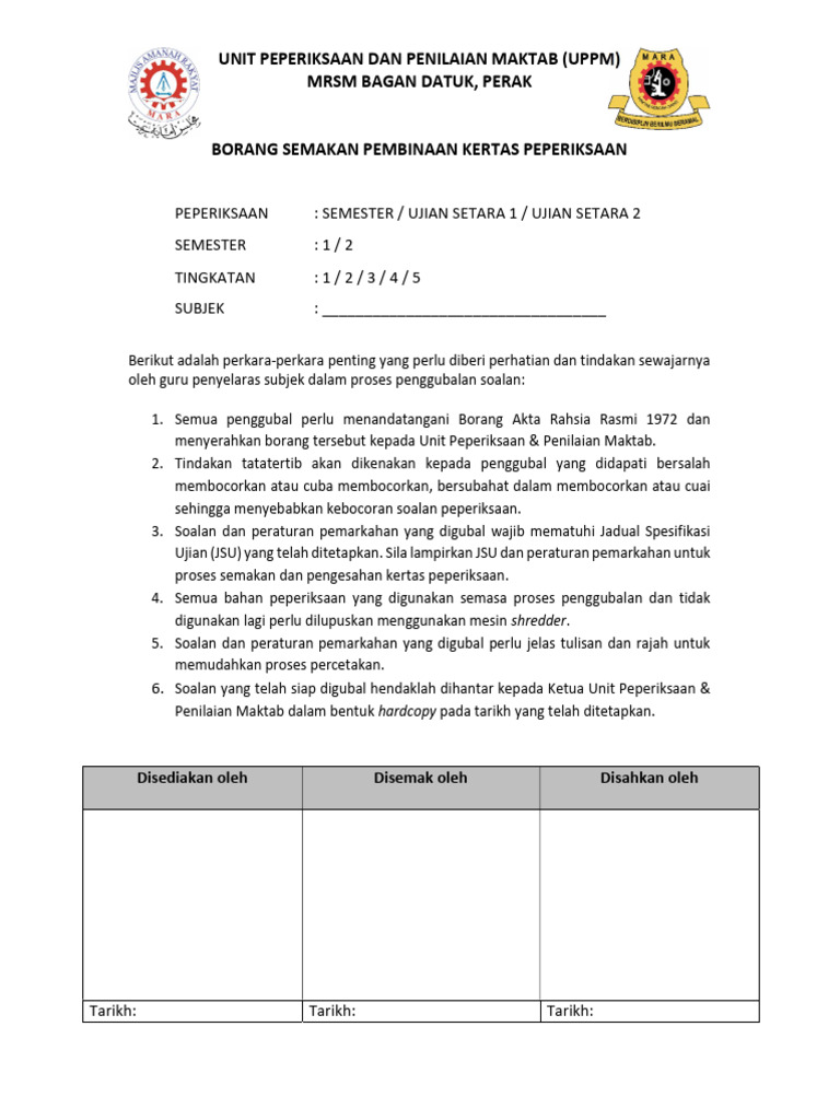 Borang Semakan Pembinaan Kertas Soalan | PDF