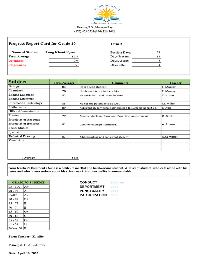 Grade 10 Term 2 Progress Report | PDF