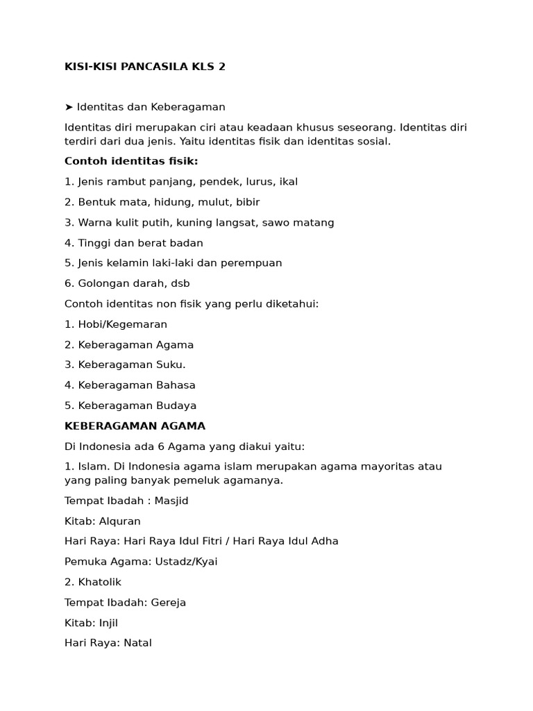 Kisi-Kisi Pancasila Kls 2 | PDF