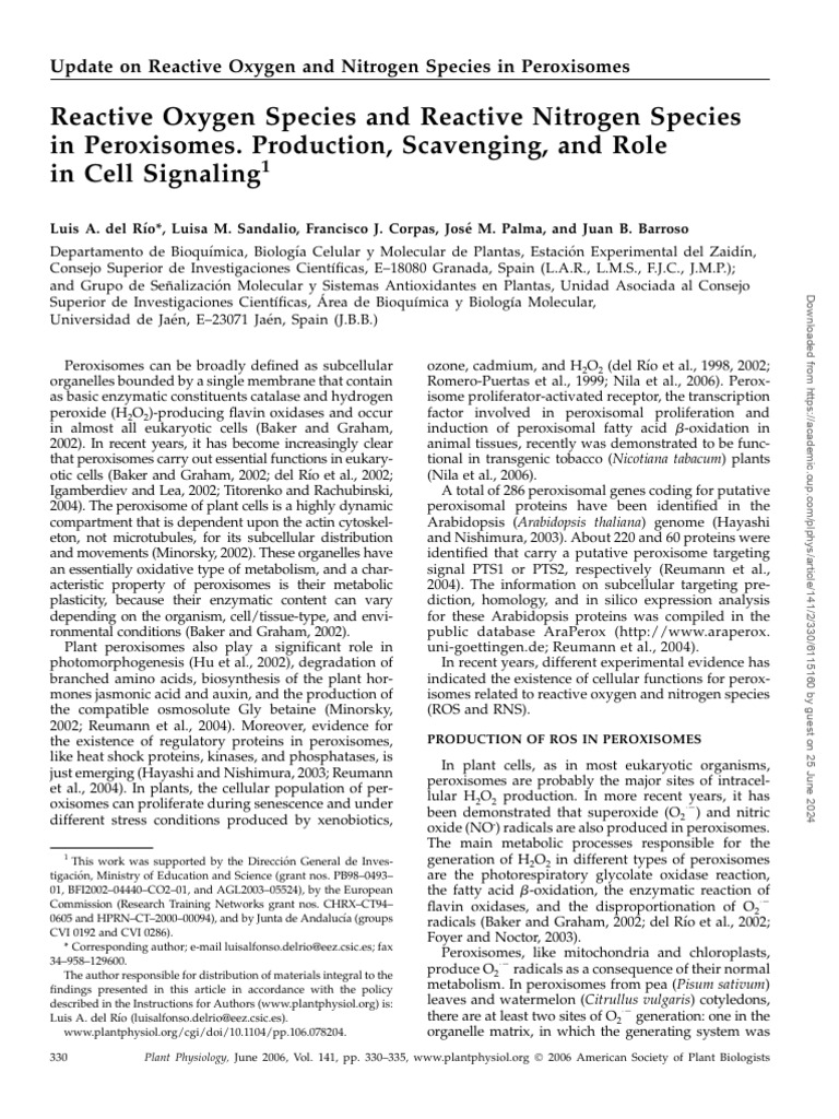 Reactive Oxygen Species and Reactive Nitrogen Species in Peroxisomes. Production, Scavenging ...