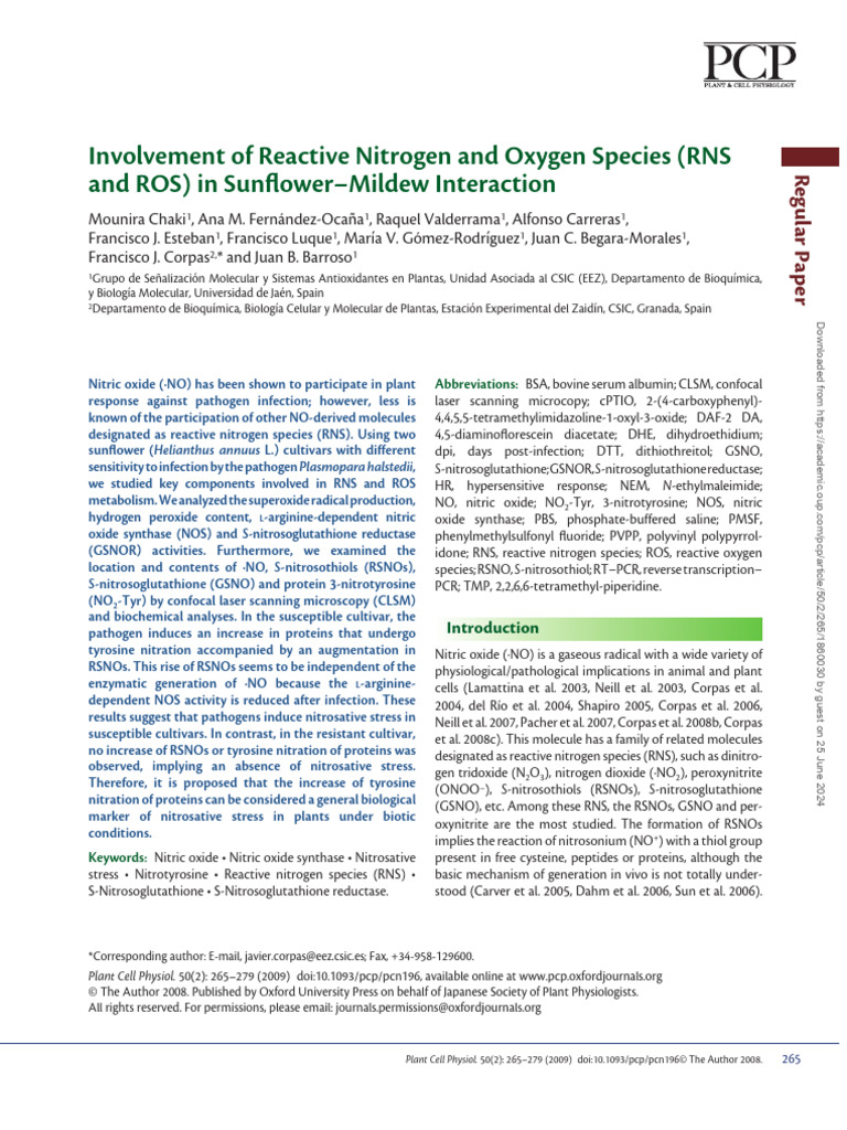 Involvement of Reactive Nitrogen and Oxygen Species (RNS and ROS) in Sunflower Mildew ...