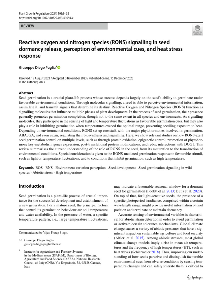 Reactive Oxygen and Nitrogen Species (RONS) Signalling in Seed Dormancy Release, Perception of ...