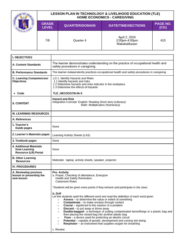 Lesson Plan in Identifying Workplace Hazard | PDF | Occupational Safety ...