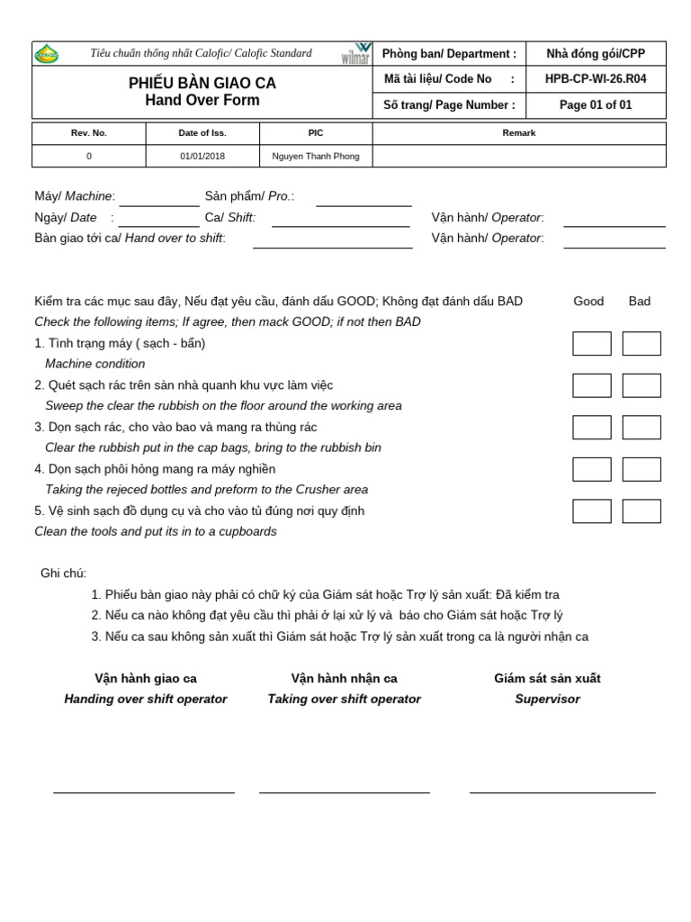 Hpb-cp-wi-26.r04 Form Giao CA (Hand Over Form) | PDF