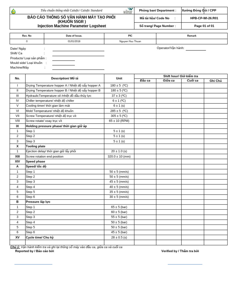 HPB-CP-WI-26 R01 Bao Cao Thong So Van Hanh May Tao Phoi | PDF