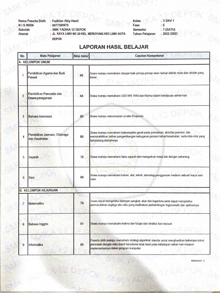 Rapot Semester 1 | PDF