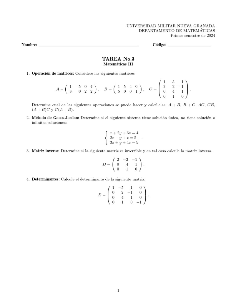 Taller 3 Matematicas III 2024-1 | PDF | Matriz (Matemáticas) | Álgebra ...