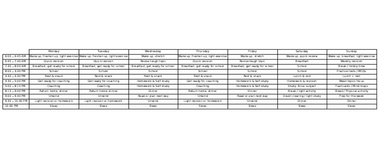 Weekly Study and Routine Schedule | PDF