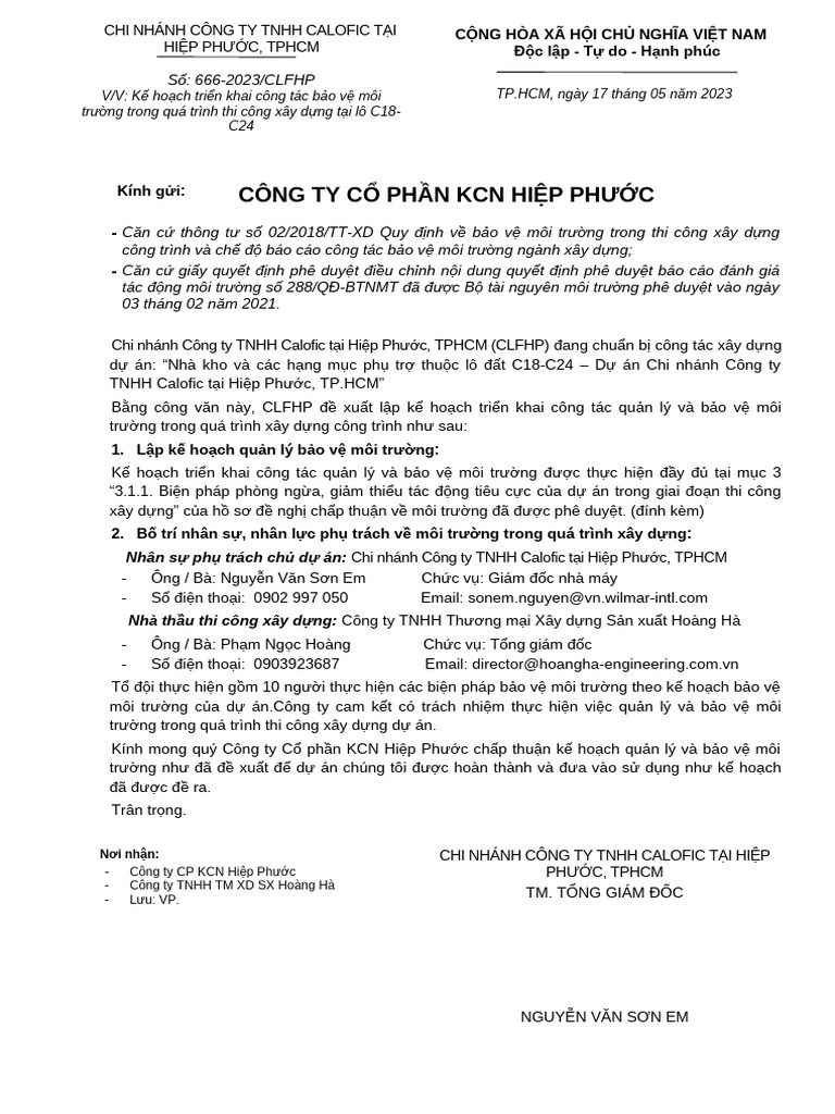 CV Ke Hoach BVMT Calofic | PDF