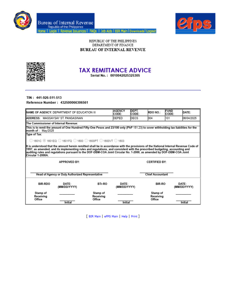 BIR Form 0619E Tax Remittance Advice | PDF | Public Finance | Government