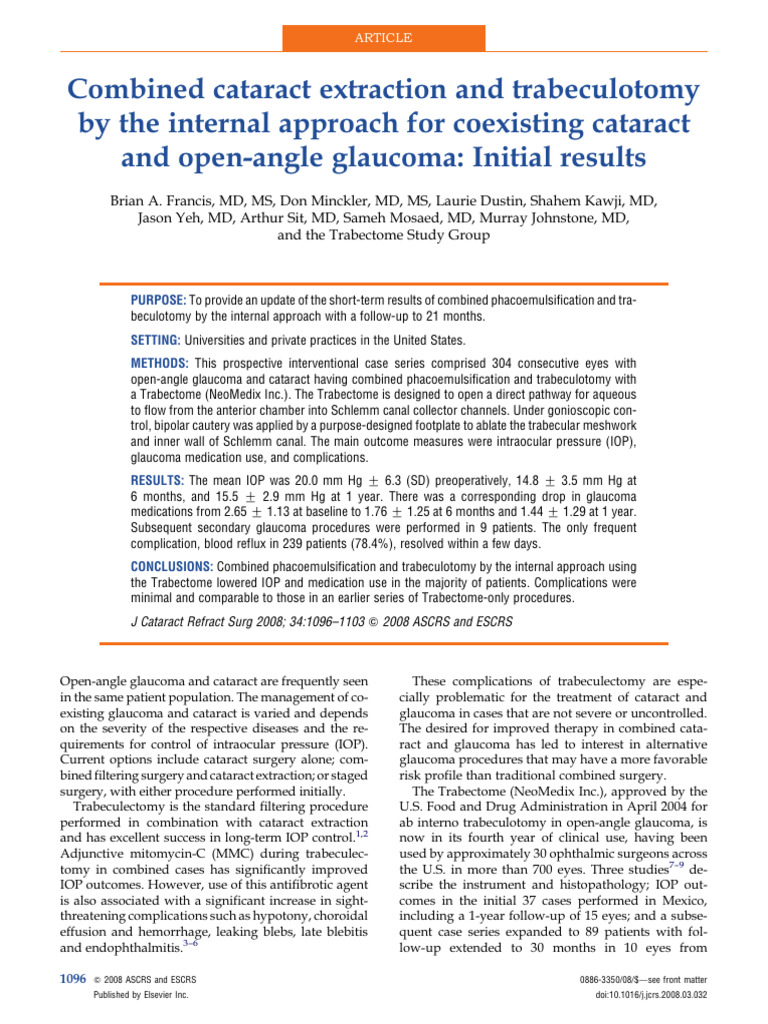 Combined Cataract Extraction and Trabecu | PDF | Glaucoma | Medical ...