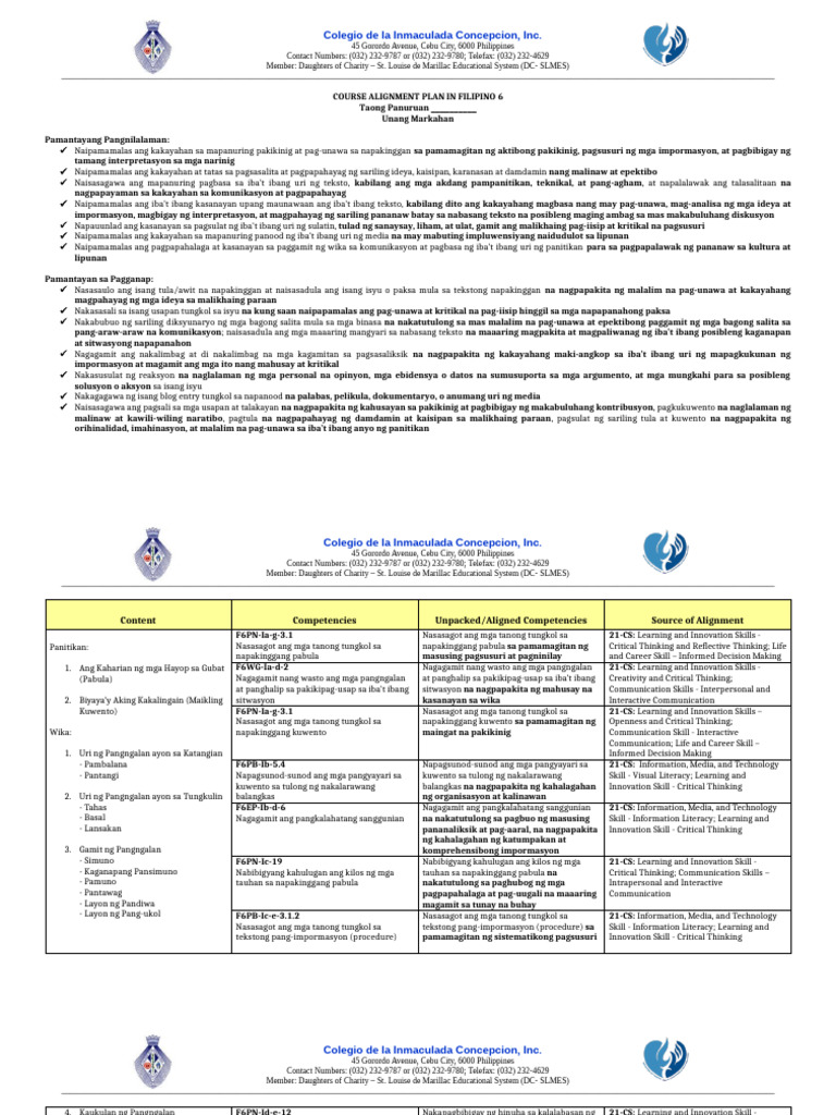 Course Alignment Plan in Filipino 6 | PDF