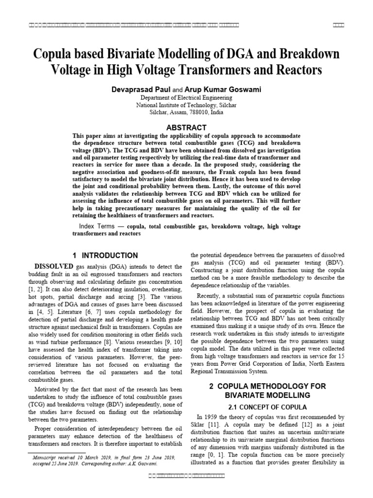 Copula Based Bivariate Modelling of DGA and Breakdown Voltage in High ...