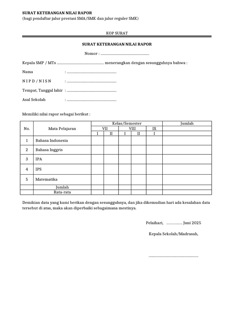 Surat Keterangan Nilai Rapor 5 Semester | PDF
