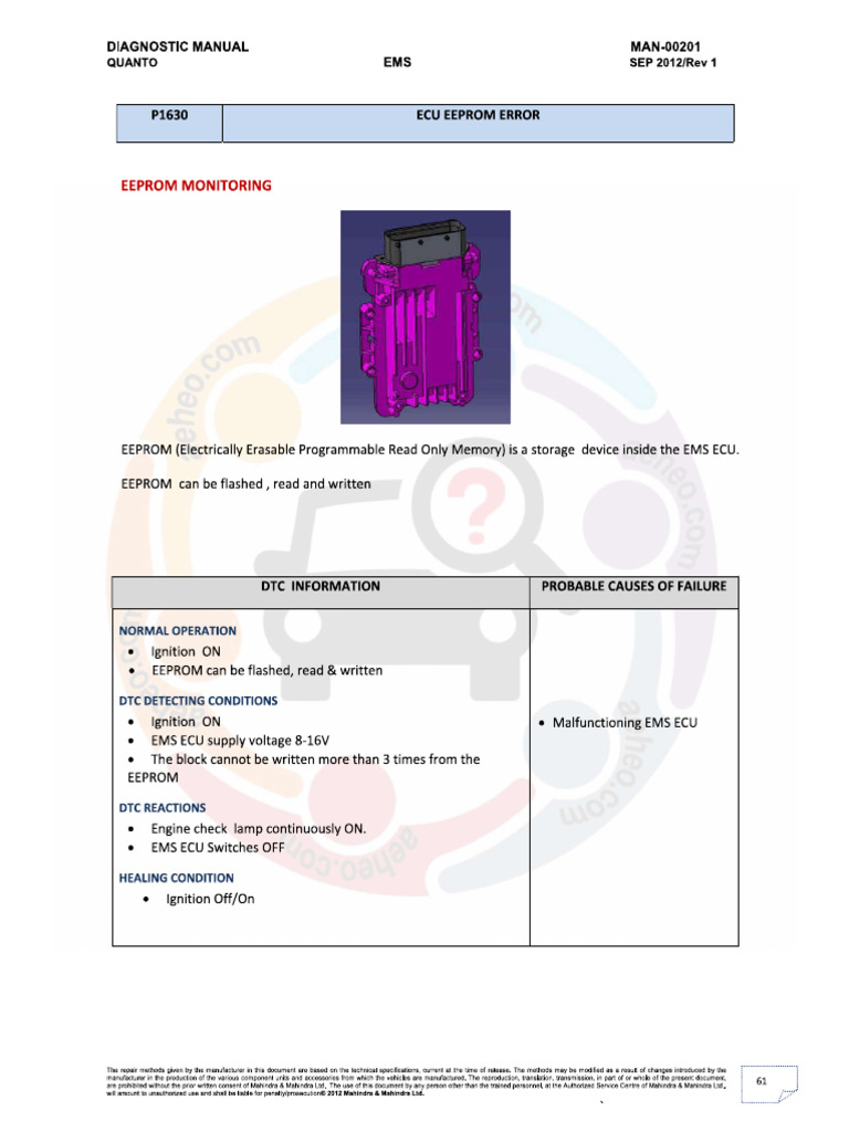 Mahindra Quanto fault code P1630 ECU EEPROM ERROR page1 | PDF