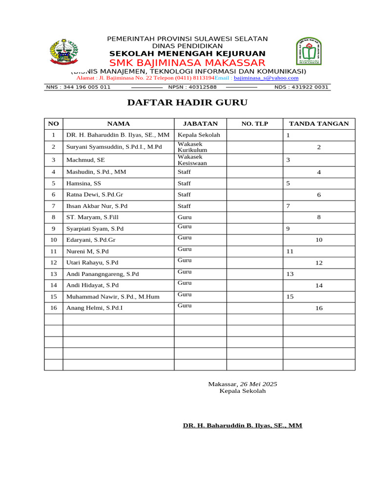 Daftar Hadir Rapat Guru | PDF