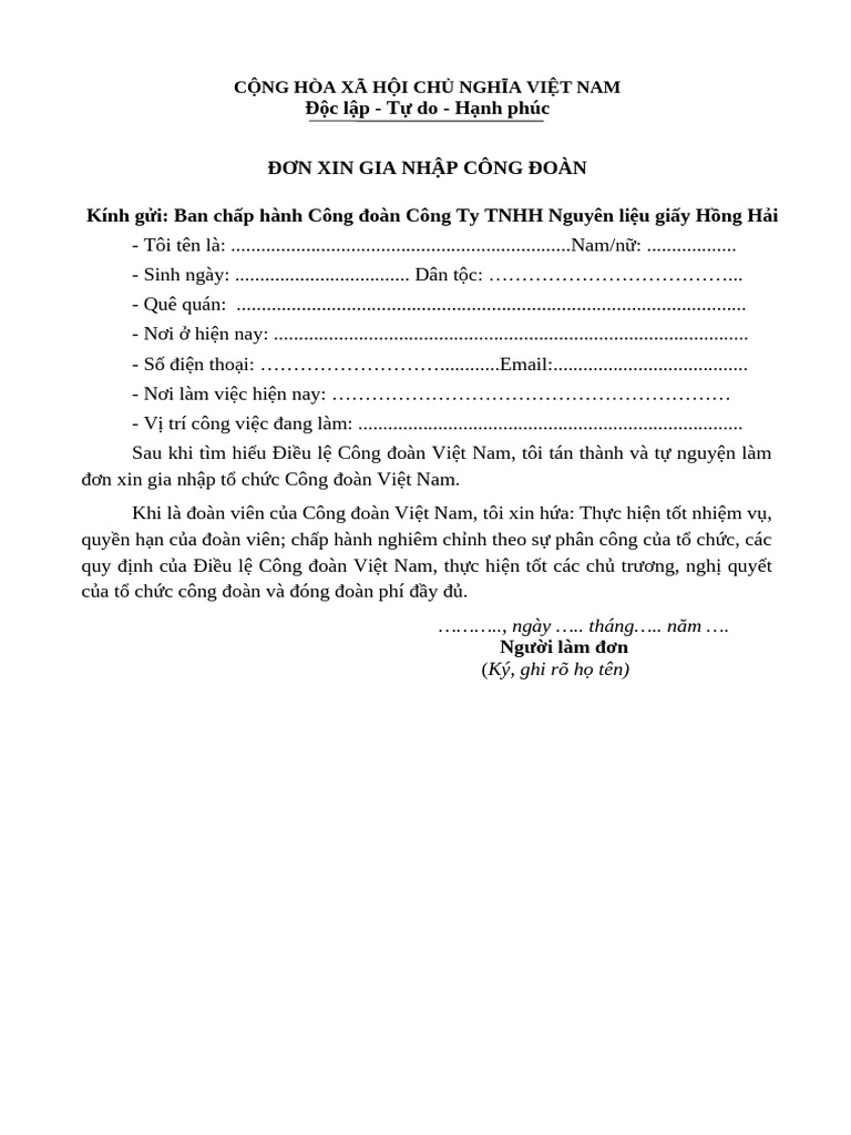 Don Xin Gia Nhap Cong Doan | PDF