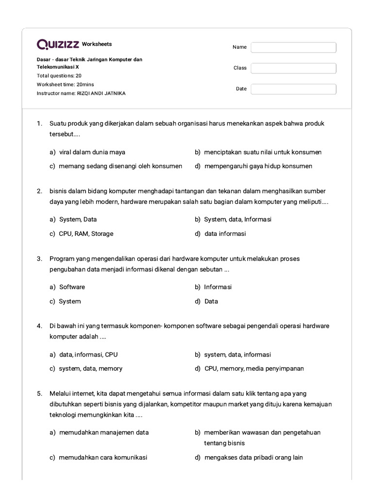 Dasar - Dasar Teknik Jaringan Komputer Dan Telekomunikasi X - Quizizz | PDF