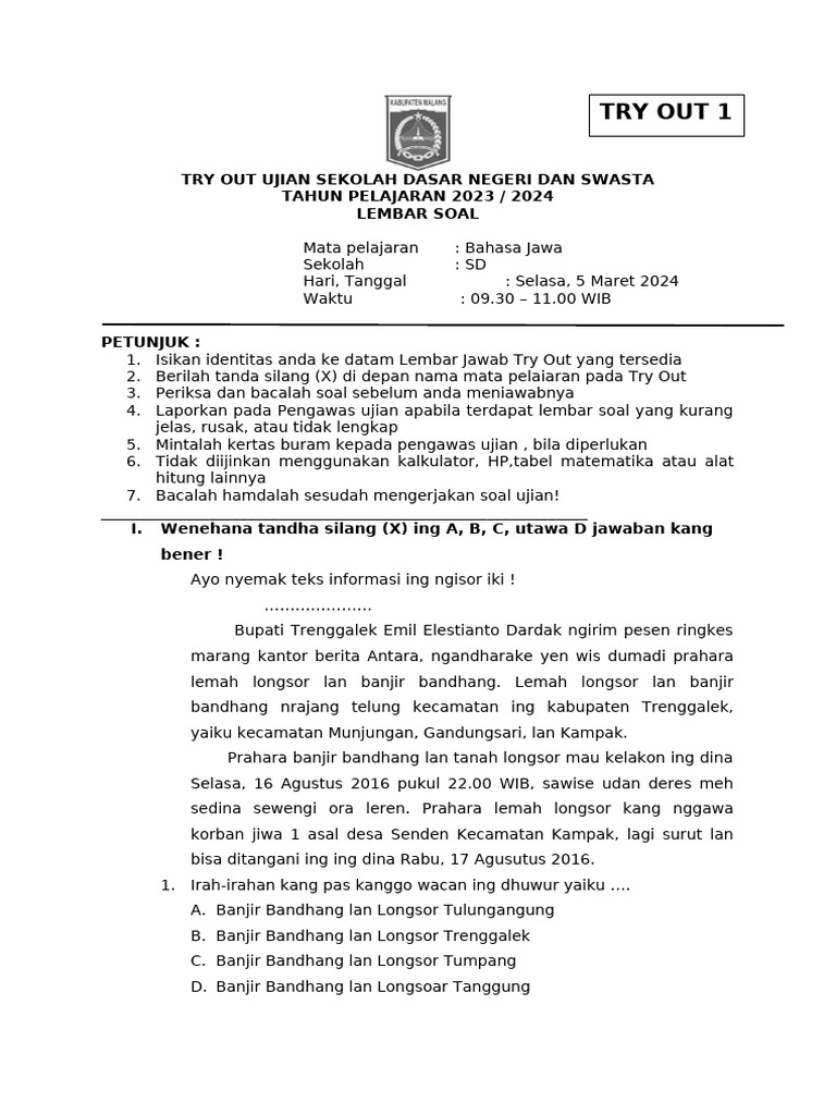 Soal Usek B Jawa Kls 6 '23-'24 | PDF