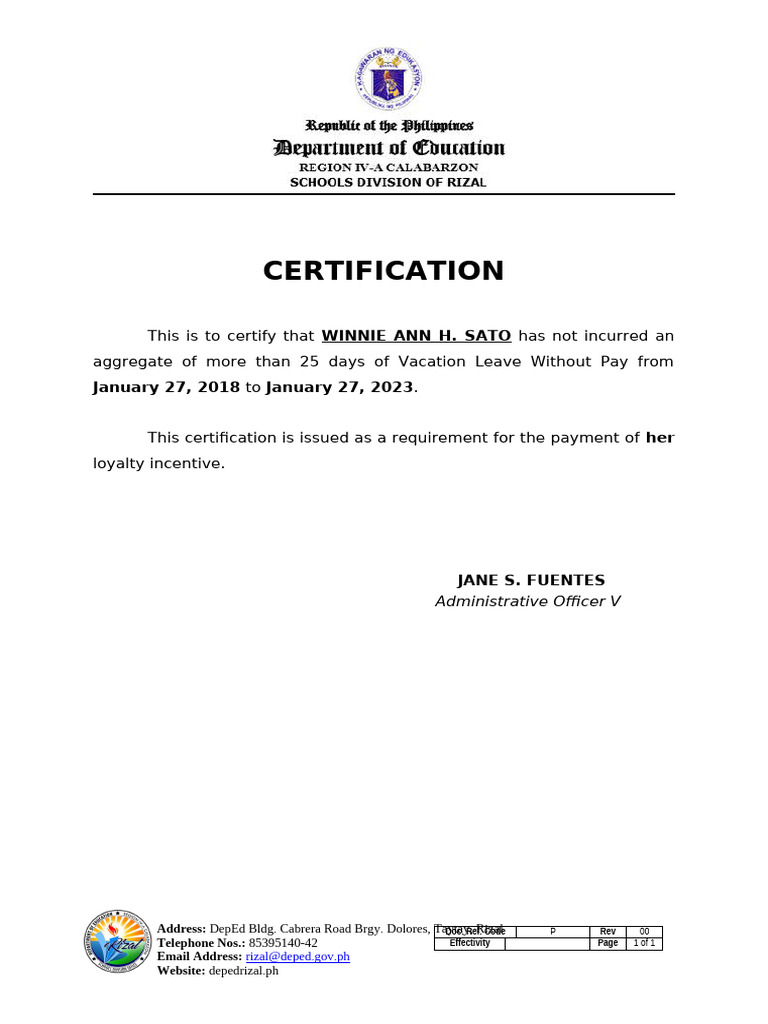 Vacation Leave Certification for Winnie Sato | PDF