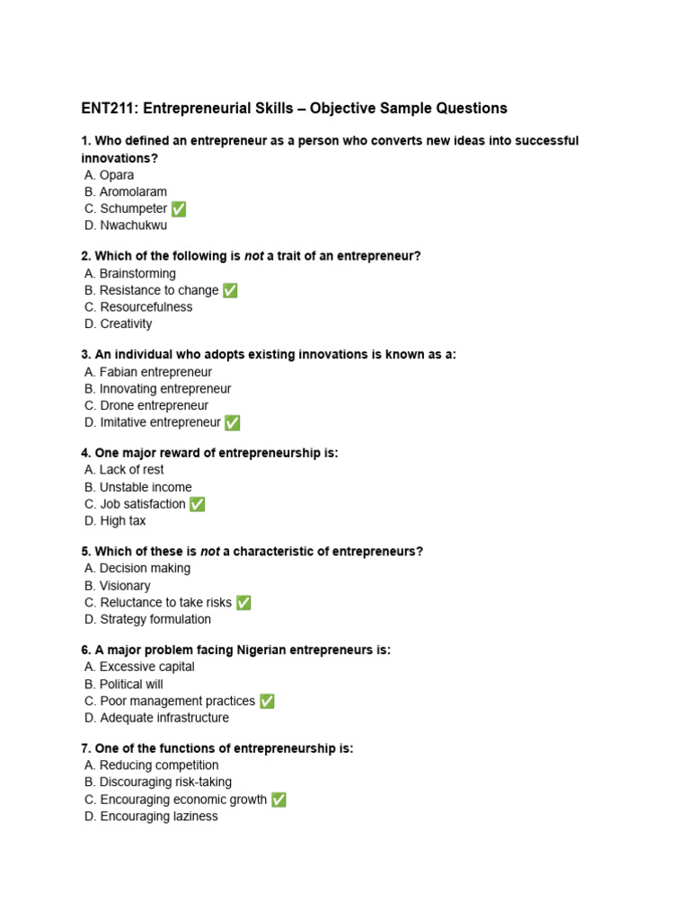 ENT211 - Entrepreneurial Skills - Objective Sample Questions | PDF ...