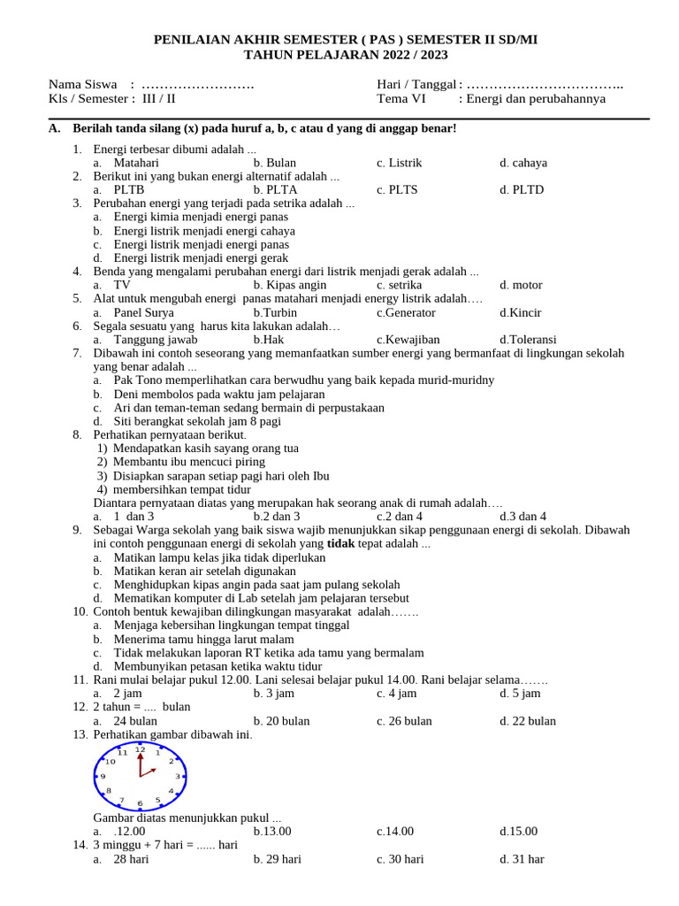 Soal Pas Tema 6 Kelas III 20222023 | PDF