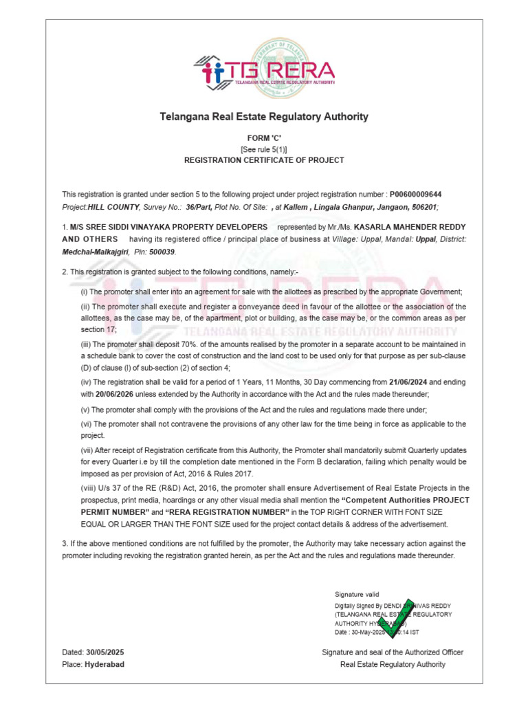 Hill County (Kallem) - RERA Certificate | PDF