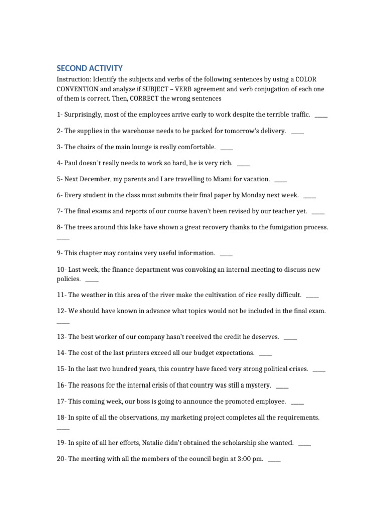 Subject Verb Agreement Activity | PDF