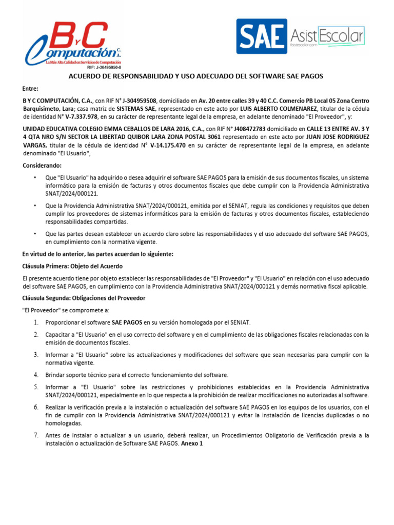 Acuerdo de Responsabilidad y Uso Adecuado de Sae Pagos - Colegio Emma Ceballos de Lara | PDF ...