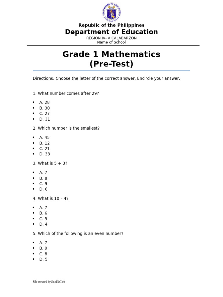 Grade 1 Math PreTest DepEdClick | PDF