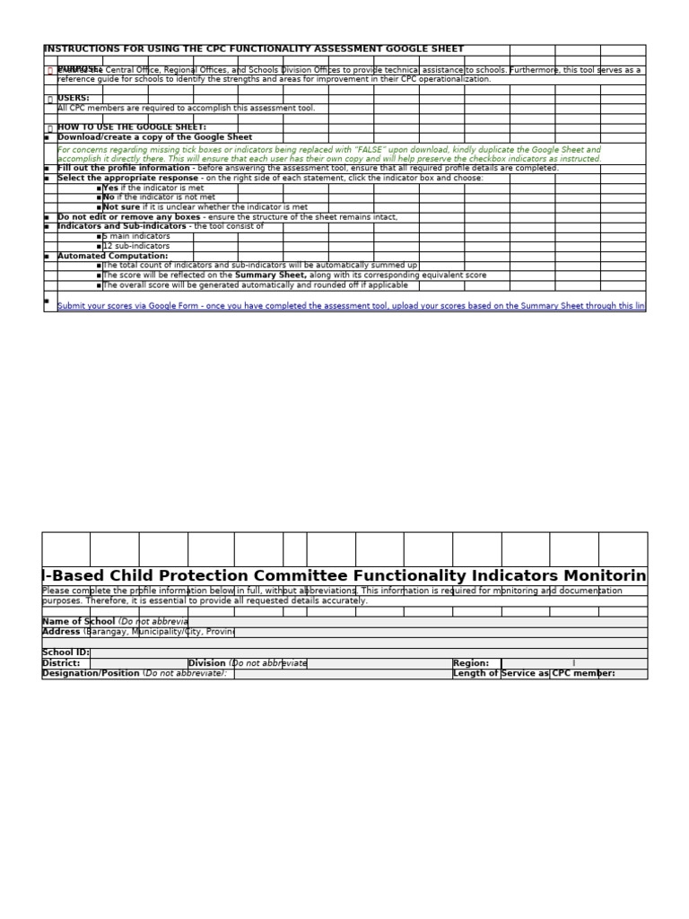 CPC Functionality Assessment Tool Google Sheet 2025 | PDF | Capacity Building | Child Protection