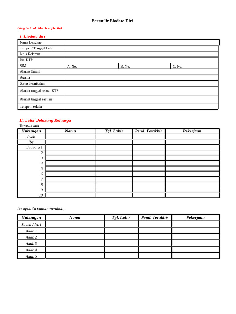 Formulir Biodata Diri Lengkap | PDF