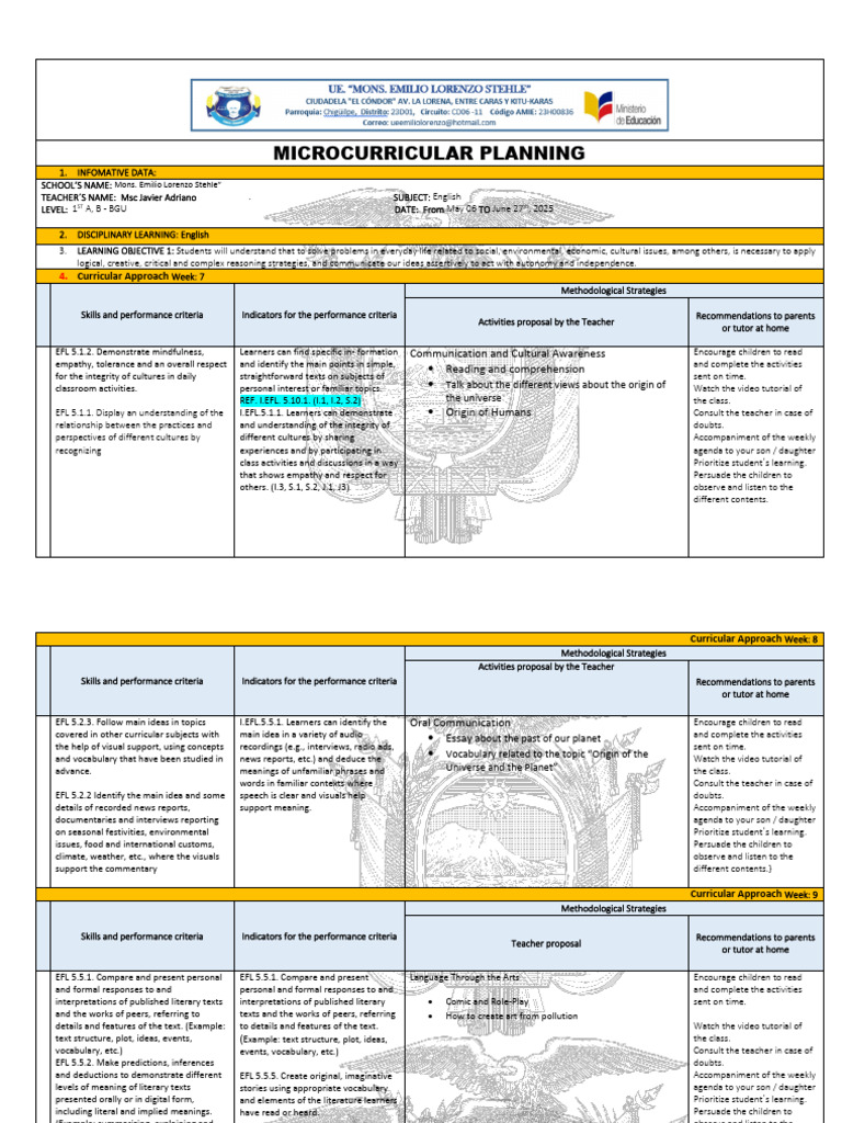 Microcurricular Planning 1st Bgu Final Project Luis Javier Adriano | PDF | Learning | Reading ...