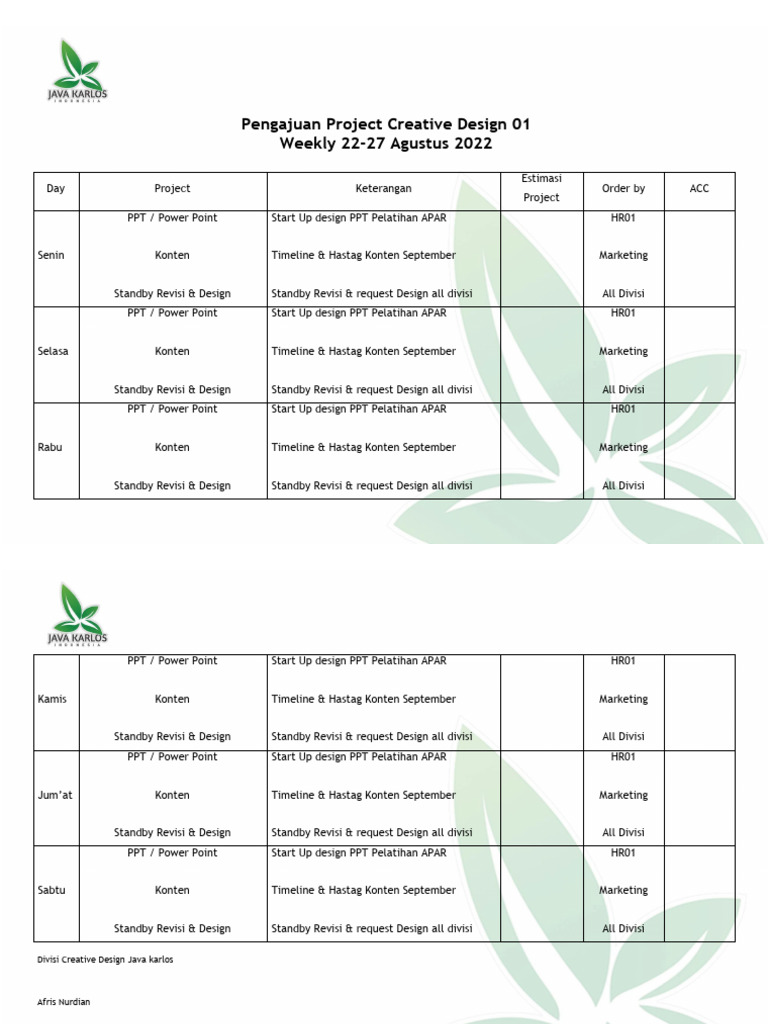 Pengajuan Project Design Weekly 22-27 Agustus 2022 Afris Design | PDF