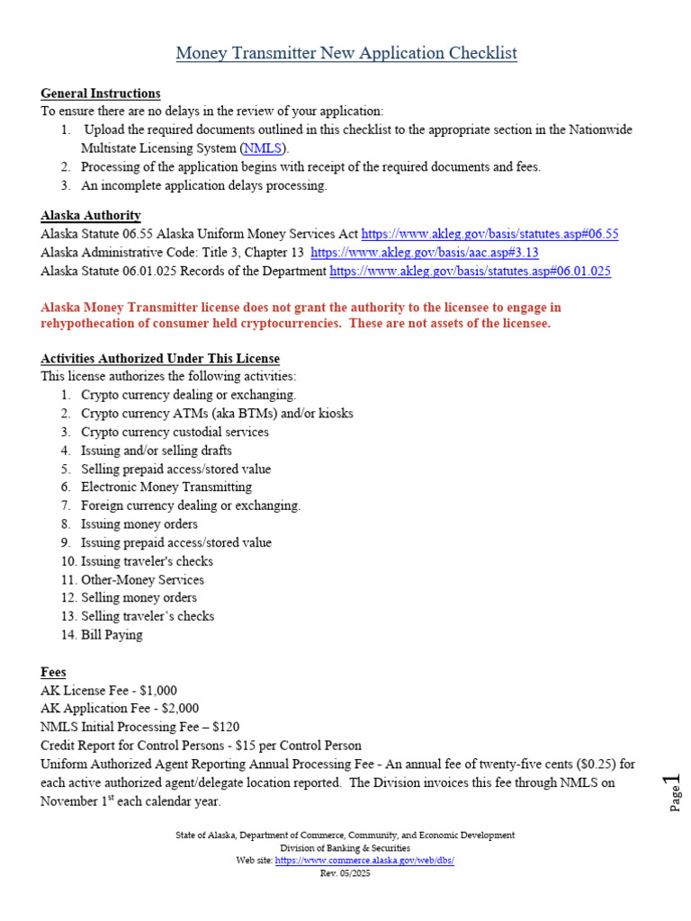 Money Transmitter Application Checklist Rev - 20250505 | PDF | Limited ...