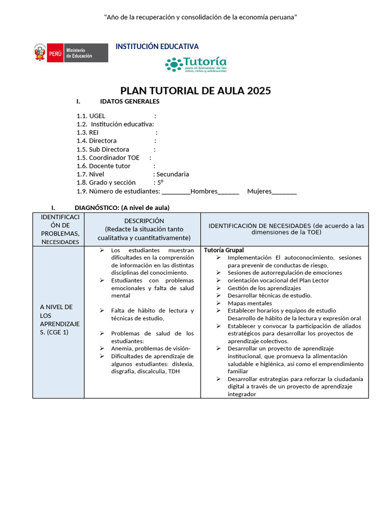 Plan Tutorial de Aula 2024 (5°) | PDF | Salón de clases | Desarrollo personal