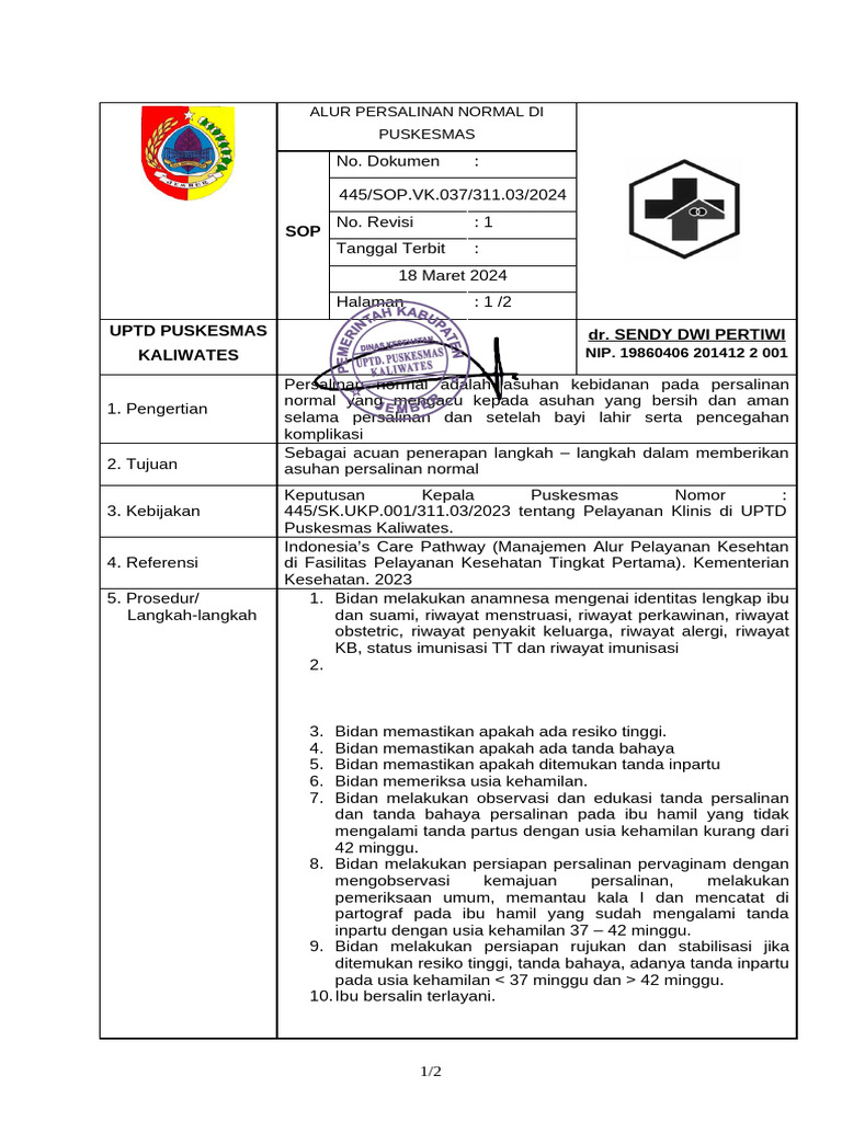 Sop Alur Persalinan Normal Di Puskesmas | PDF