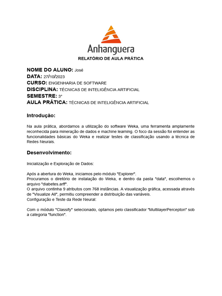 TÉCNICAS DE INTELIGÊNCIA ARTIFICIAL - Weka | PDF